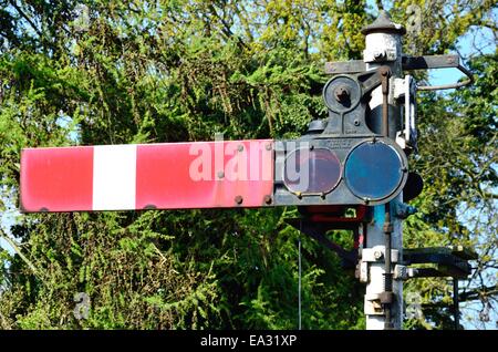 Old style mechanical semaphore stop signals on a British railway, both ...