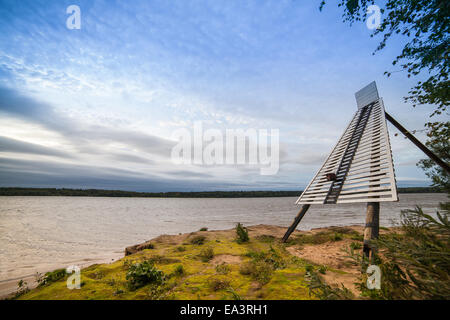 Coastal navigation sign, Volga River, Tver region, Russia Stock Photo ...