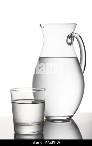 Transparent jug full of water on the blue background Stock Photo - Alamy