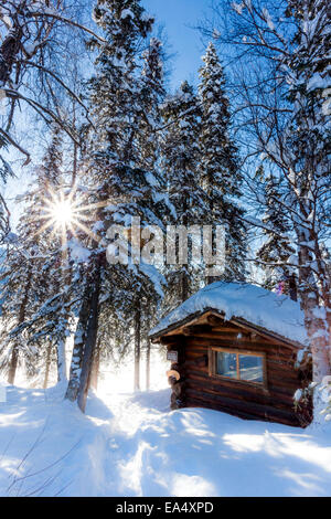 Interior Alaska Log Cabin Forest Winter Porch Light Snow Sky Dusk Stock ...
