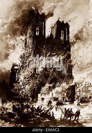 World War I. Rheims Cathedral during the bombardment (1917 Stock Photo ...