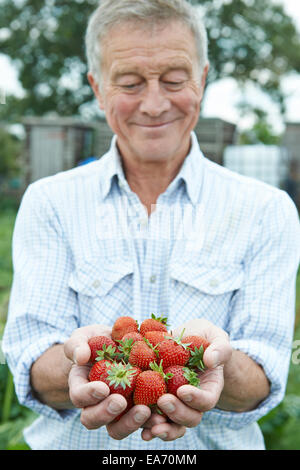 Hand holding a freshly picked strawberry outdoors, symbolizing a ...
