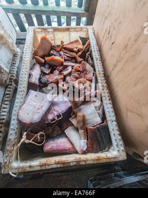 Shark meat drying in preparation for making it into 'rotten shark,' a ...