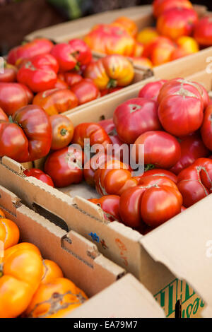 Fresh tomatoes in boxes on the supermarket counter Stock Photo - Alamy