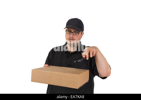 delivery driver in blue uniform handing out a parcel isolated on white ...