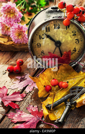 rainy autumn weather,old clock,fallen leaves Stock Photo - Alamy