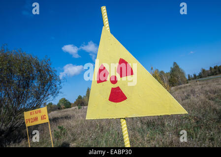 Radiation sign near Red Forest in Chernobyl Nuclear Power Plant Zone of ...