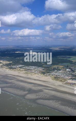 Aerial view of French coastline and Calais seen from a flying plain ...