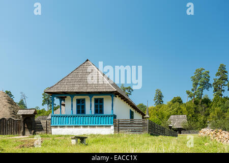 Old architecture traditional Romanian house made by adobe. Front view ...