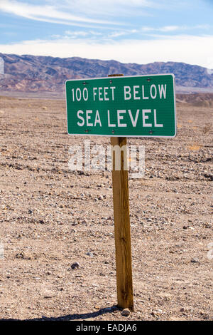 100 feet below sea level sign in Death Valley National Park, California ...
