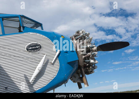 Nose and cockpit of Ford Tri-motor vintage airliner with radial engine ...