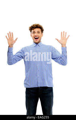 happy man hands up isolated on white Stock Photo - Alamy