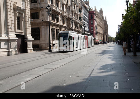Seville tram system in the centre of the City, cathedral behind ...
