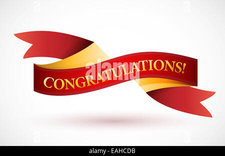A red and gold congratulations ribbon banner isolated over a white ...