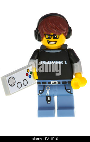 Lego Video Game Guy minifigure (player 1) at his table with computer ...