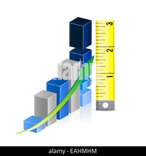 Tape measure with growth bar graph and pie chart, 3D rendering isolated ...