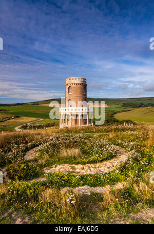 Cliff-top folly on the Dorset coast, England. The tower was dismantled ...