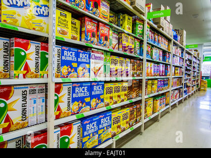 breakfast cereals on display in a filling station convenience store in ...
