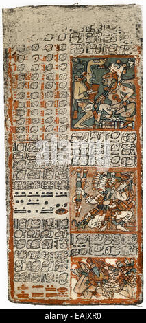 Page from Dresden Maya manuscript showing section of a 'tonalamatl', a ...