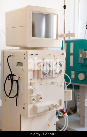 Screen monitor of a kidney dialysis (haemodialysis) machine showing the ...