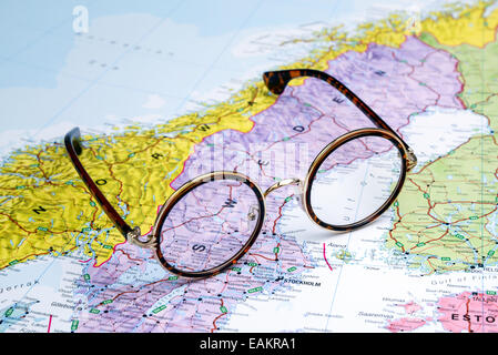 Glasses on a map of europe - Sweden Stock Photo - Alamy
