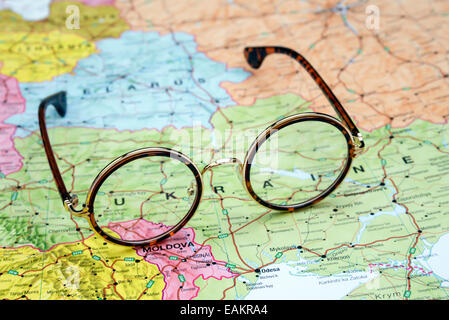 Glasses on a map of europe - Ukraine Stock Photo - Alamy