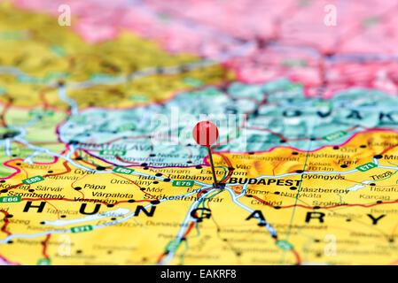 Budapest pinned on a map of Hungary Stock Photo - Alamy