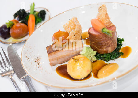 Fine dining meal with pork loin fillet, carrots and mashed potatoes ...