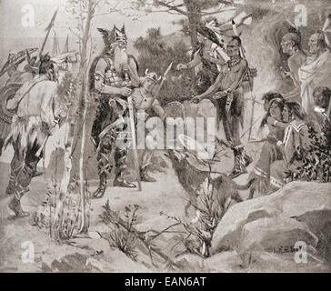 Vikings meeting with American Indians in pre colonial America Stock ...