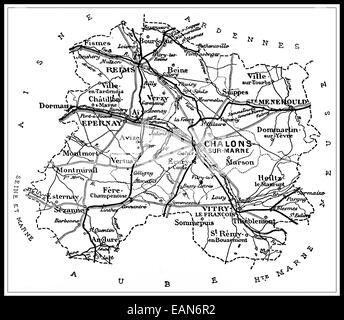 Map of the department of La Marne, vintage engraved illustration ...