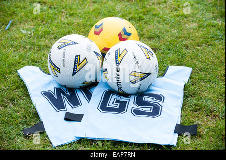 Clean white netball tabards and three netball balls on the grass at a ...
