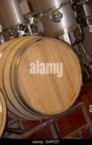 The winery with wooden and stainless steel fermentation vats. It is ...