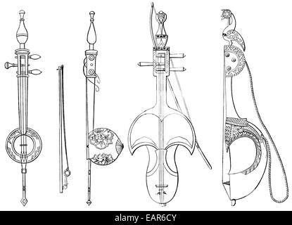 various stringed instruments, old forms of the violin, case-violin ...