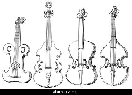 various stringed instruments, old forms of the violin, case-violin ...