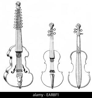 various stringed instruments, old forms of the violin, case-violin ...