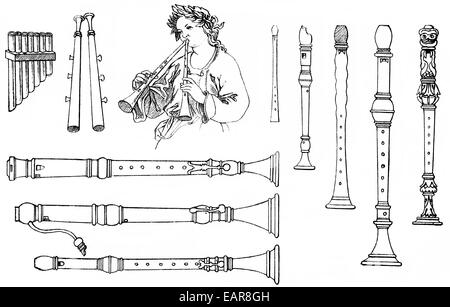 various forms of ancient woodwind instruments, curved horn, rackett, a ...