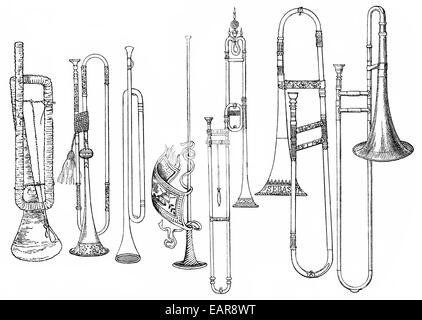 various forms of old brass instruments, zinc, horn, buffalo horn ...