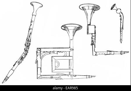 various forms of ancient woodwind instruments, curved horn, rackett, a ...