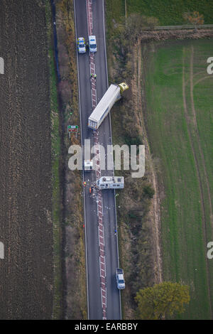An aerial view of a road accident involving a caravan and an HGV Stock ...