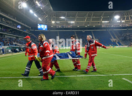 Injured football player being carried on a stretcher Stock Photo - Alamy
