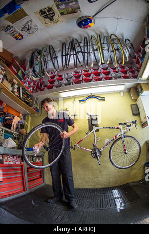 A worker adjusting repairing mending bike at Summit Cycles, small ...