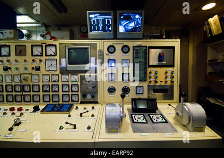 Interior of ship's engine room control compartment. The control ...