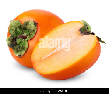Fresh ripe persimmon fruit on bamboo mat with whole persimmons in ...