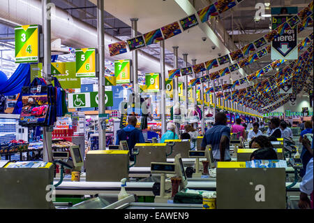 An enormous row of check-out cash registers in a supermarket mall Stock ...