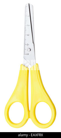 A pair of scissors with yellow plastic handles, isolated on white ...