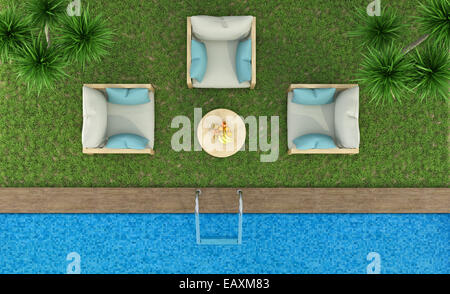 top view of swimming pool with chair and umbrella. summer vacation ...