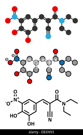 Entacapone Parkinson's disease drug molecule. Stylized skeletal formula ...