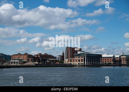 Belfast waterfront with blue sky and white clouds Stock Photo - Alamy