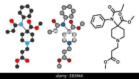 Remifentanil anaesthetic and analgesic drug, chemical structure. Atoms ...