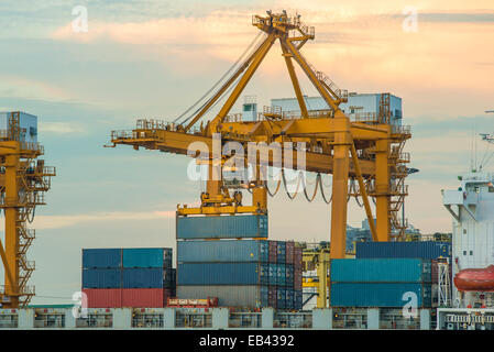 Container vessel at container terminal. Cargo operations in progress ...